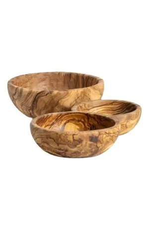 GHARYAN STONEWARE Olive Wood Nesting Bowls Set Of 3 - Natural