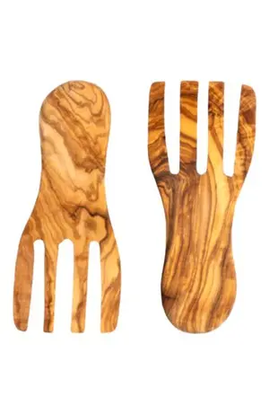 GHARYAN STONEWARE Olive Wood Salad Servers Flat Forks Set - Natural