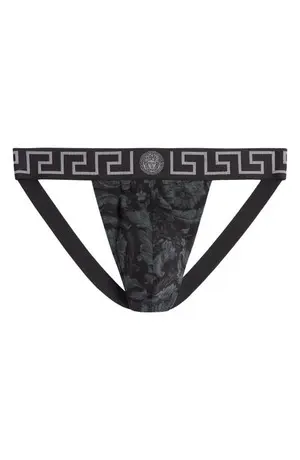 Versace Barocco Stretch Cotton Jockstrap - Black Grey