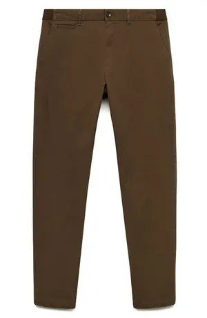 Mango Flat Front Tapered Crop Stretch Cotton Chinos - Brown