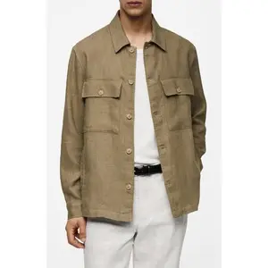 Mango Linen Button-up Shirt Jacket - Khaki Green