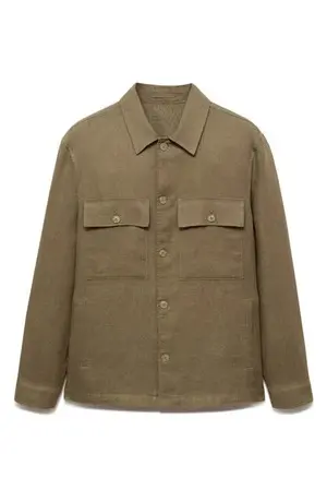 Mango Linen Button-up Shirt Jacket - Khaki Green