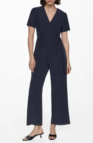 Mango MANGO Faux Wrap Straight Leg Jumpsuit Dark Navy