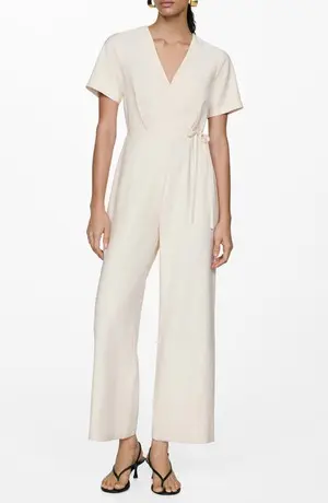Mango Faux Wrap Straight Leg Jumpsuit - Ecru