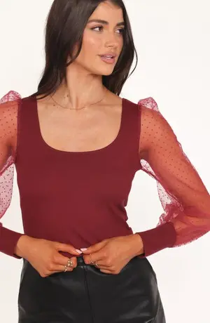 PETAL & PUP Wesson Sheer Dot Sleeve Crop Top - Merlot