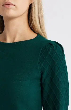 Anne Klein Diamond Stitch Sleeve Button Cuff Sweater - Pine Forest