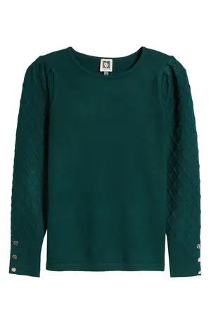Anne Klein Diamond Stitch Sleeve Button Cuff Sweater - Pine Forest