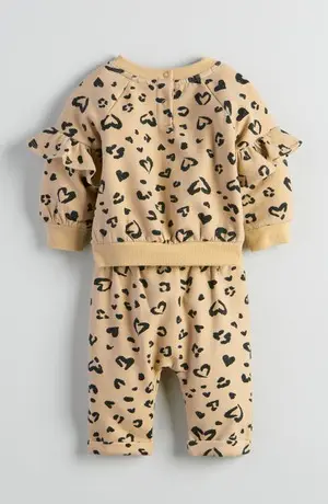 TUCKER + TATE Ruffle Trim Sweatshirt & Sweatpants Set - Tan Natural Leopard Hearts