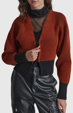 Dkny Contrast Rib Cardigan - Russet/black