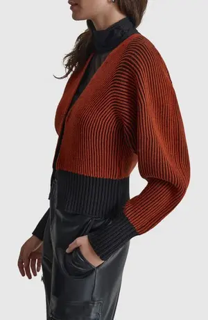 Dkny Contrast Rib Cardigan - Russet/black