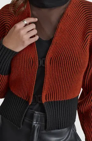 Dkny Contrast Rib Cardigan - Russet/black