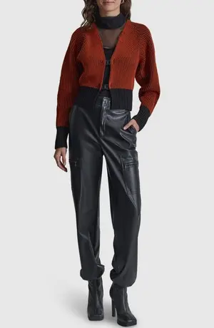 Dkny Contrast Rib Cardigan - Russet/black