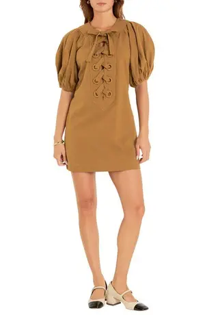 English Factory Lace-up Front Puff Sleeve Minidress - Olive
