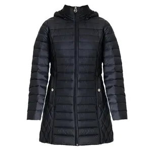 Michael Kors Michael  Women's Hooded Down Packable Jacket Coat With Removable Hood 3/4 Length, Black - Black