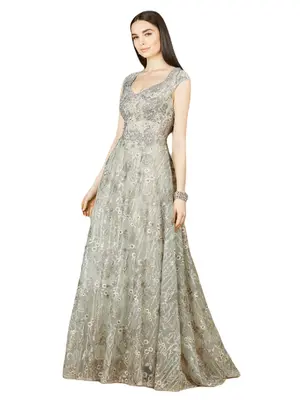 LARA NEW YORK Cap Sleeve V-neck Lace Gown