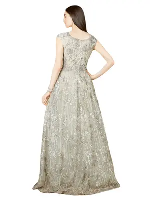 LARA NEW YORK Cap Sleeve V-neck Lace Gown