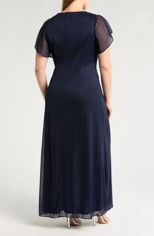 SL FASHIONS Flutter Sleeve Metallic Gown - Navy