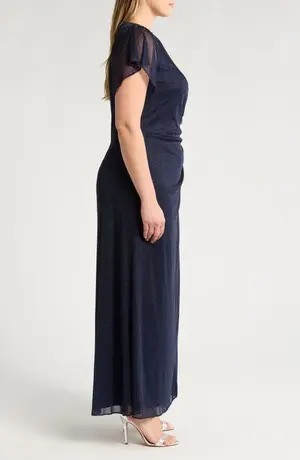 SL FASHIONS Flutter Sleeve Metallic Gown - Navy