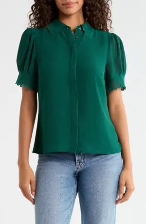 CECE DUPRAZ Scallop Trim Button-up Shirt - Forest Shadow