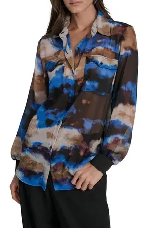 Dkny Floral Print Long Sleeve Shirt - Clouded Inkblot