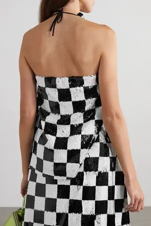 MARQUES' ALMEIDA Asymmetric Sequined Checked Tulle Halterneck Top