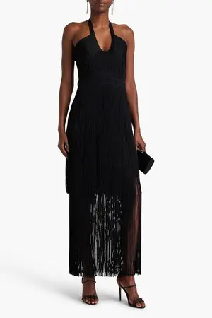 Simkhai Baldwin Fringed Draped Crepe Halterneck Maxi Dress