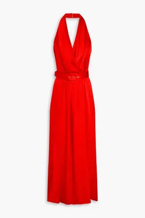 NICHOLAS Belted Wrap-effect Satin-crepe Halterneck Gown