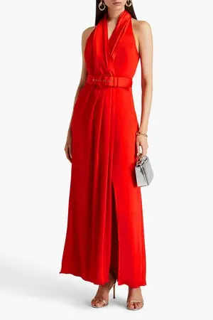NICHOLAS Belted Wrap-effect Satin-crepe Halterneck Gown