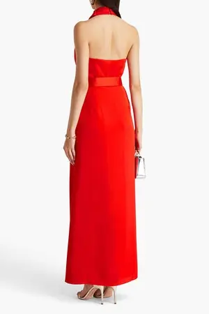 NICHOLAS Belted Wrap-effect Satin-crepe Halterneck Gown