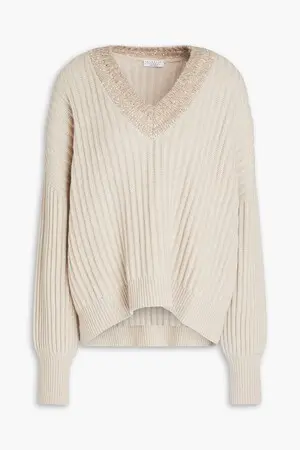 Brunello Cucinelli Sequin-embellished Ribbed Cashmere Sweater - Beige