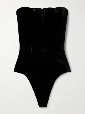 Alessandra Rich Strapless Velvet Thong Bodysuit With Bow