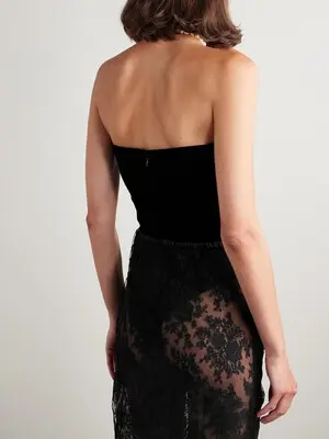 Alessandra Rich Strapless Velvet Thong Bodysuit With Bow