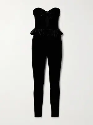 Alessandra Rich Strapless Bow-detailed Velvet Jumpsuit - Black