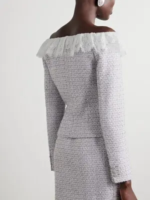 Alessandra Rich Off-the-shoulder Lace-trimmed Sequin-embellished Metallic Tweed Jacket