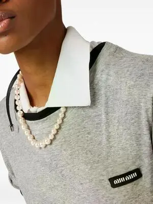 Miu Miu Ribbed Jersey T-shirt With Logo Patch - Grey