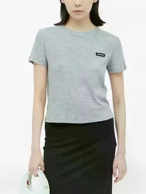 Miu Miu Ribbed Jersey T-shirt With Logo Patch - Grey