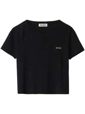 Miu Miu Logo Embroidered Cotton T-shirt - Black