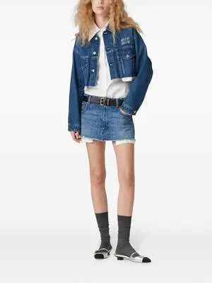Miu Miu Cropped Denim Blouson Jacket With Embroidered Logo - Blue