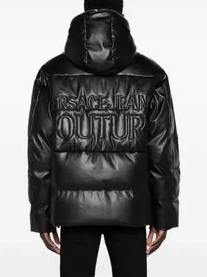 Versace Faux Leather Hooded Down Coat