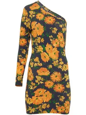 Balenciaga Asymmetrical Sleeve Floral Print Dress - Yellow