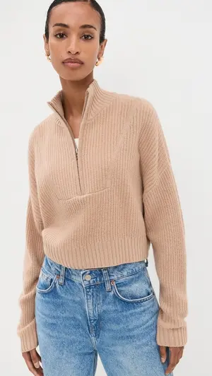 Staud Cropped Hampton Sweater With Mock Neck And Zipper Detail - Camel