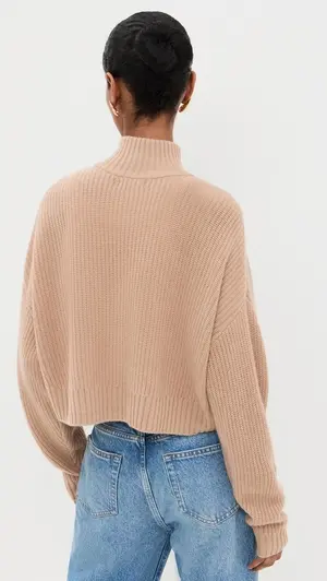 Staud Cropped Hampton Sweater With Mock Neck And Zipper Detail - Camel