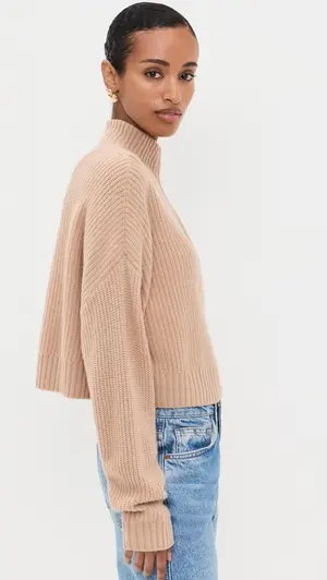 Staud Cropped Hampton Sweater With Mock Neck And Zipper Detail - Camel