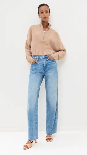 Staud Cropped Hampton Sweater With Mock Neck And Zipper Detail - Camel