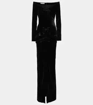 Alessandra Rich Bow-detail Off-shoulder Velvet Gown - Black