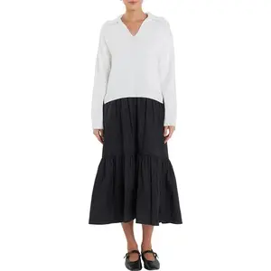 English Factory Mixed Media Midi Dress - Ivory