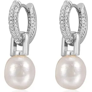 LUV AJ Amalfi Freshwater Pearl Pavé Drop Huggie Earrings - Silver