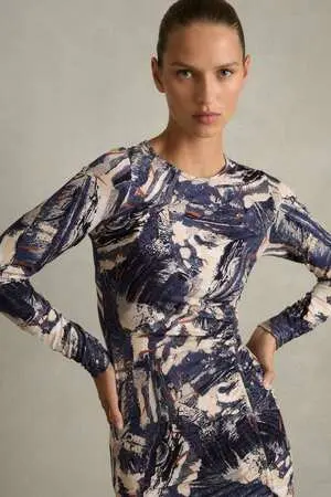 REISS Riyo Printed Ruched Midi Dress Navy/neutral