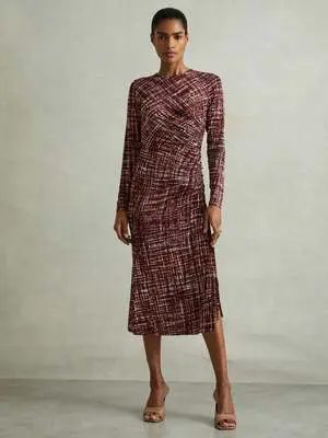REISS Riyo Printed Ruched Midi Dress