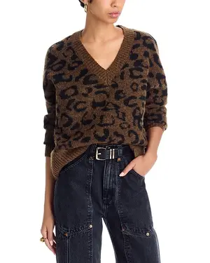 Aqua Leopard Print V-neck Sweater - Bronze